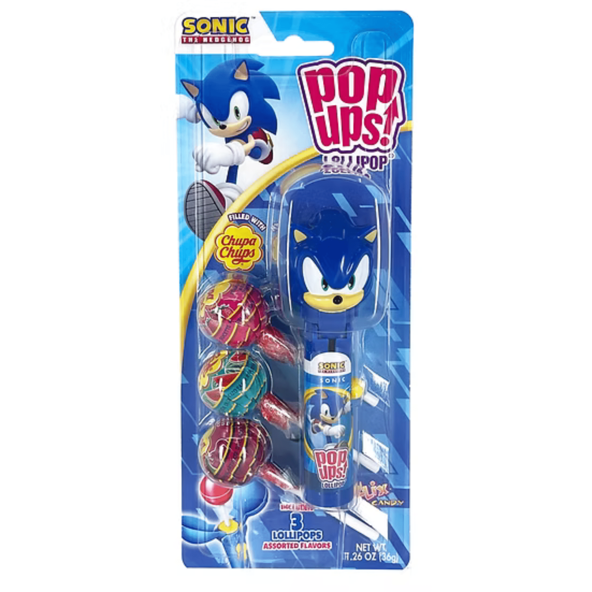 POP UPS! Sonic the Hedgehog Lollipop Holder 1.26 oz – Includes 3 Chupa ...